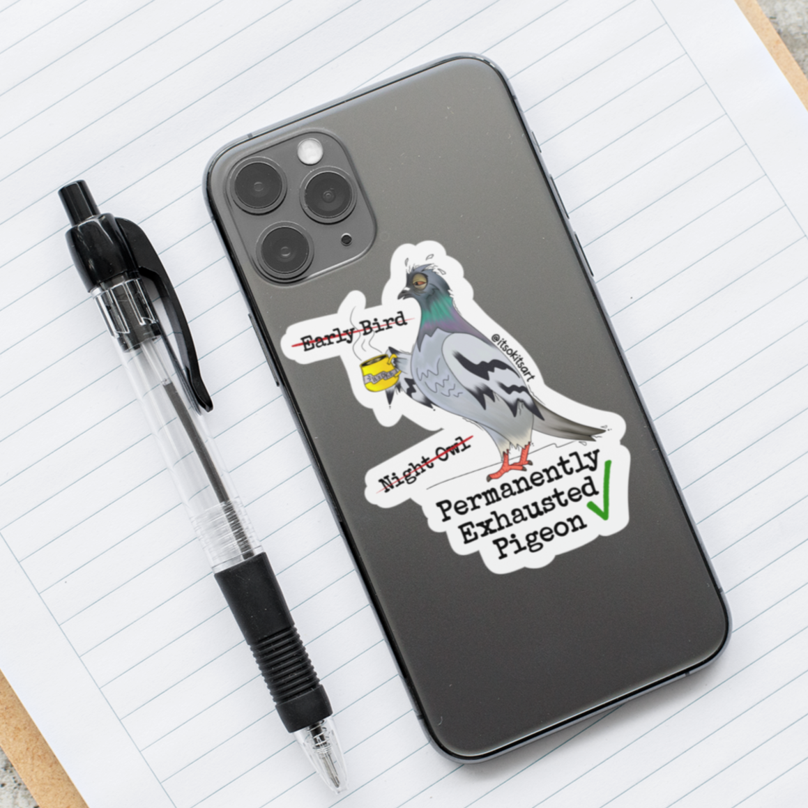 Permanently Exhausted Pigeon Funny Large Sticker – It's OK. It's ART.